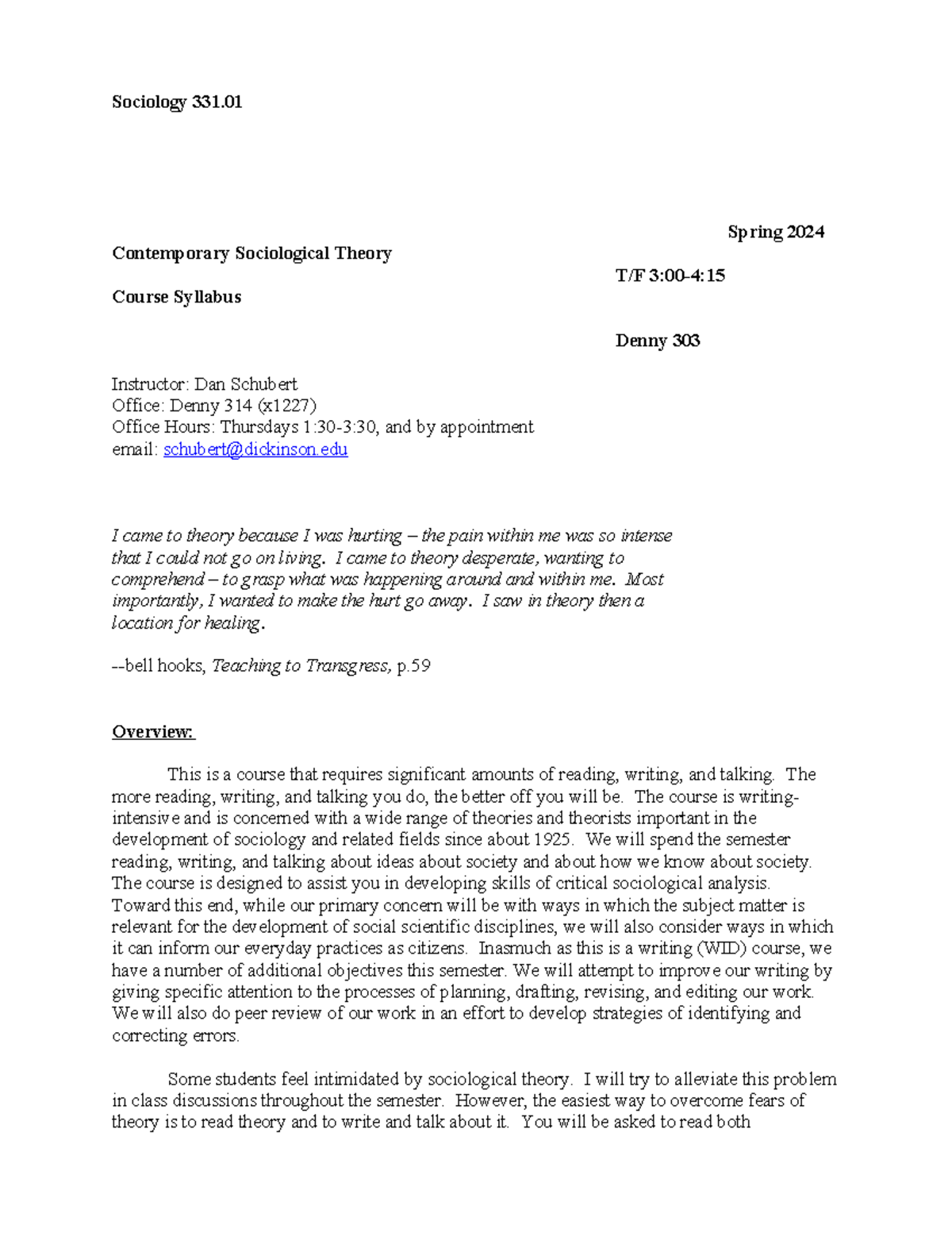 Schubert SOCI331 Syllabus Sping 2024 - Sociology 331. Spring 2024 ...