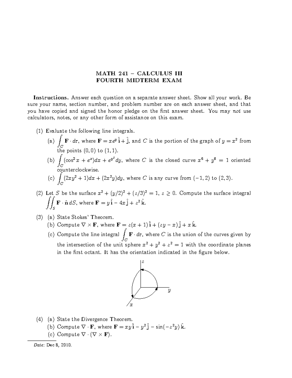 MATH 241 – CALCULUS III FOURTH MIDTERM EXAM - Single Variable Calculus ...