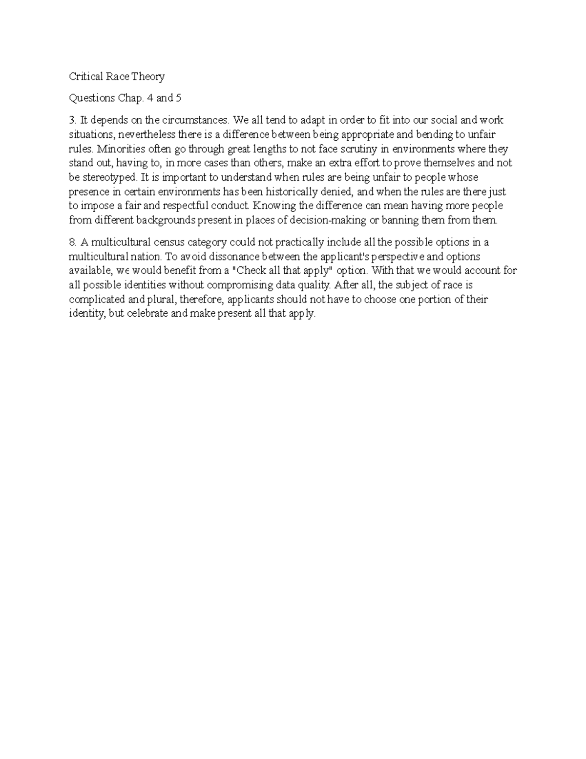 CHS 202 CRT Chap 4 and 5 questions - Critical Race Theory Questions ...