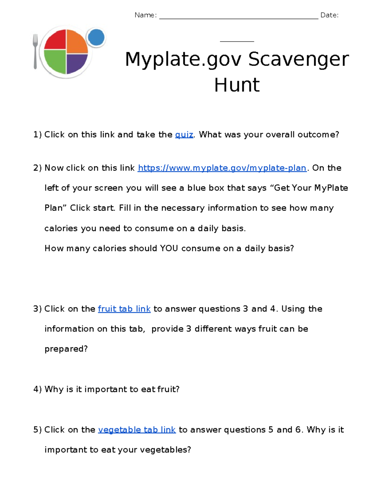 Myplate - Name: _______________________________________________ Date ...