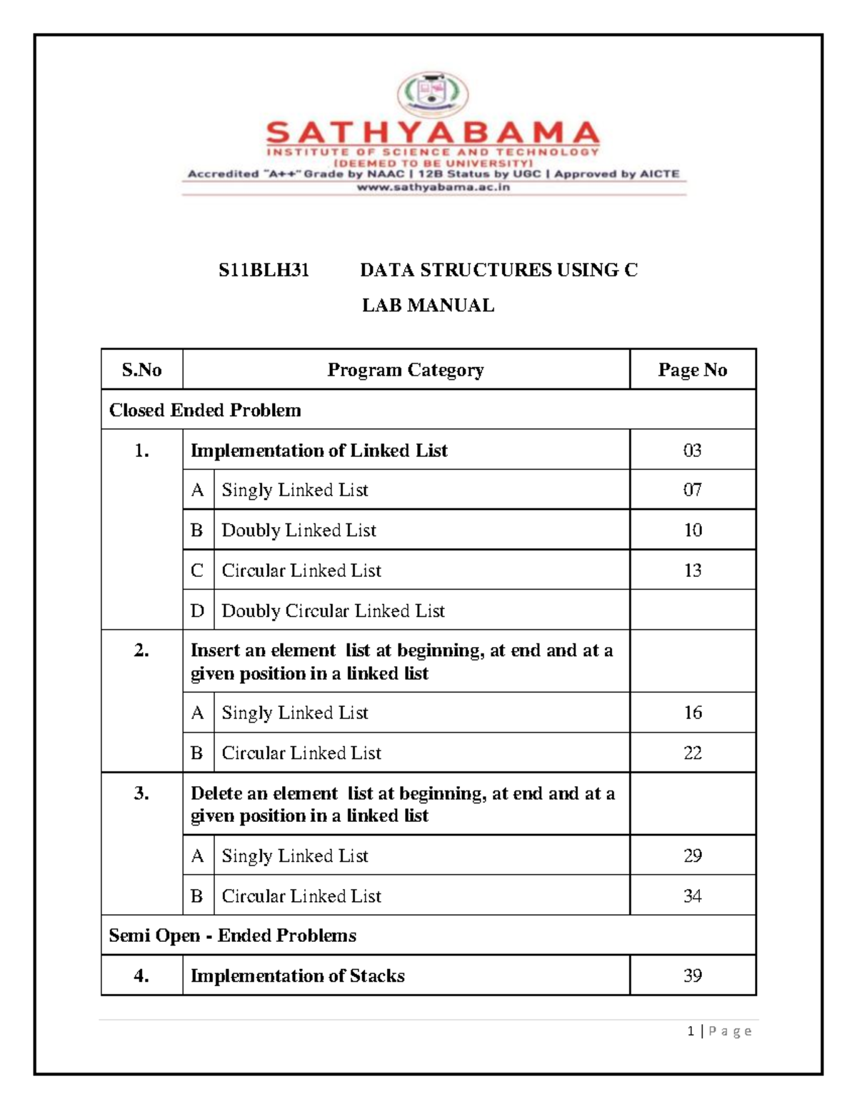 Lab Manual - S11BLH31 DATA STRUCTURES USING C LAB MANUAL S Program Category Page No Closed Ended ...