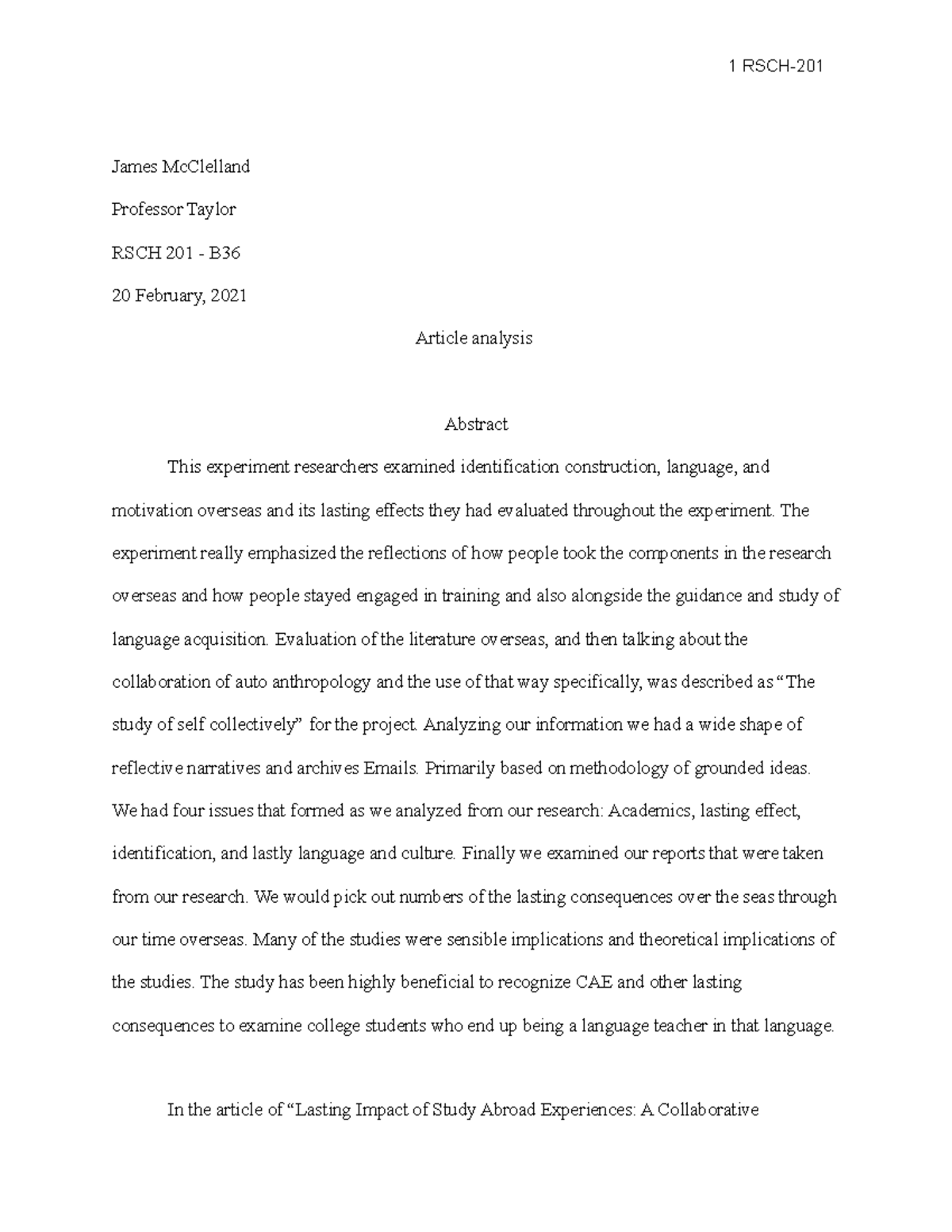 Impact of Study Abroad Experiences: A Collaborative Analysis - Studocu