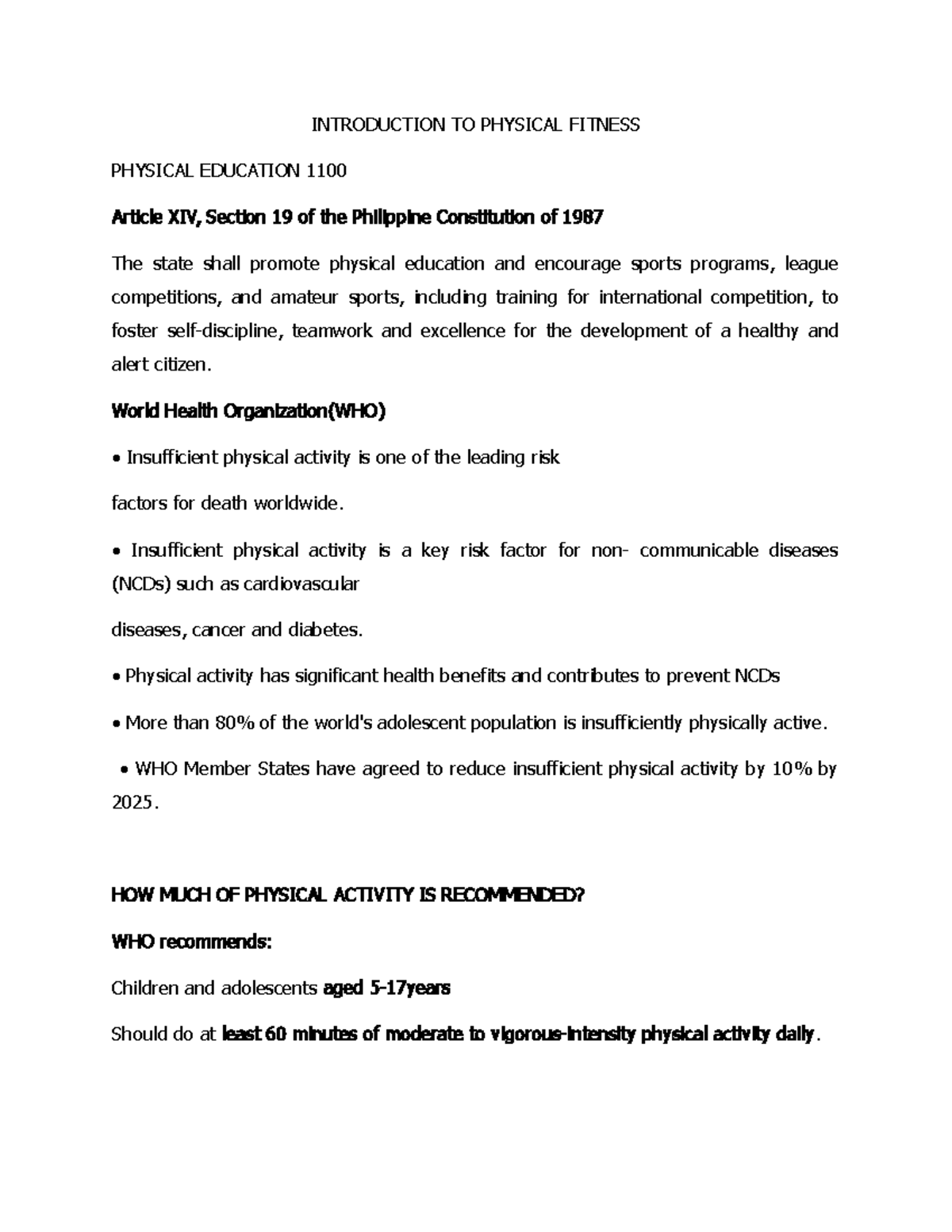 Lecture IN P.E 1100 Introduction TO Physical Fitness - INTRODUCTION TO ...