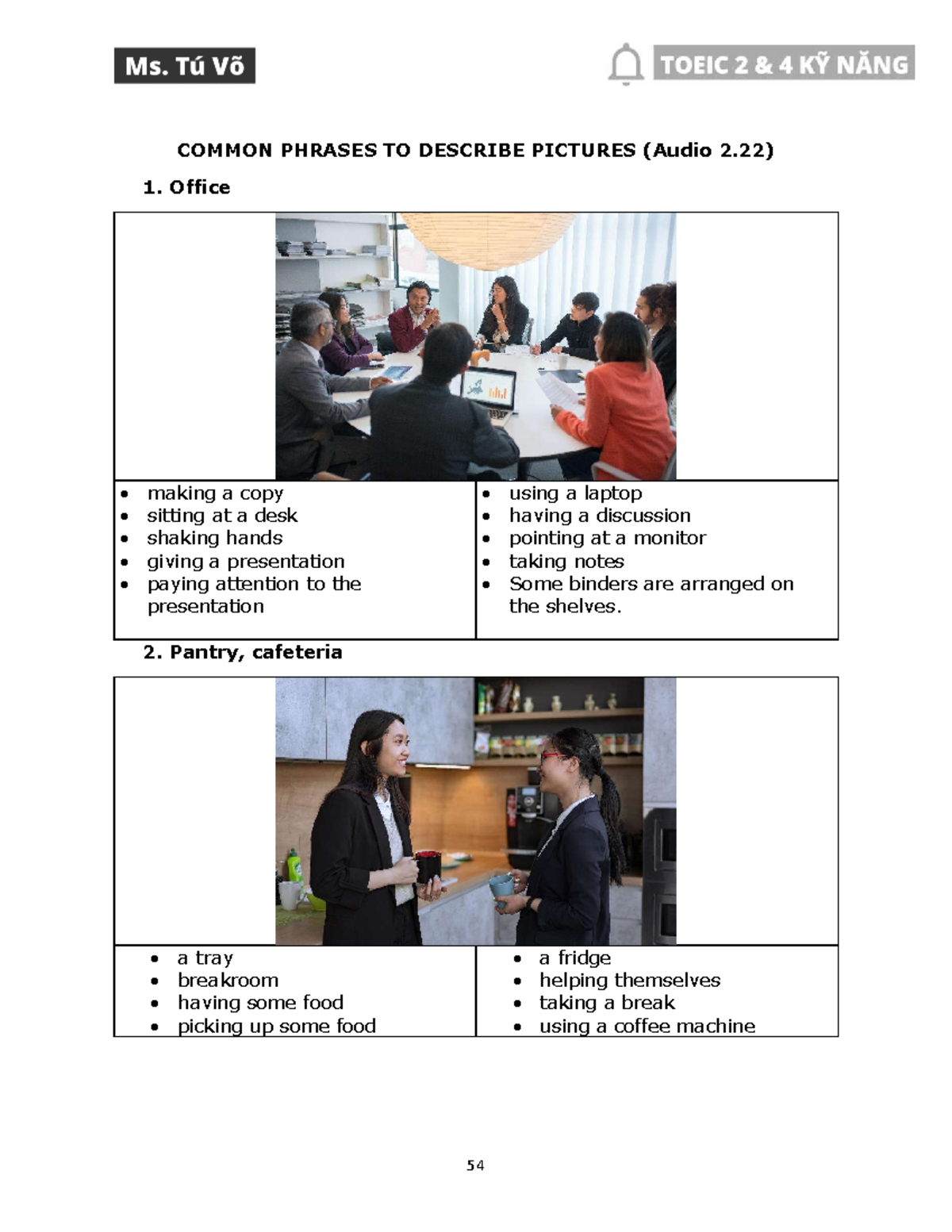 Toeic-SW-4 - từ vựng toeic - COMMON PHRASES TO DESCRIBE PICTURES (Audio 2) Office · making a ...