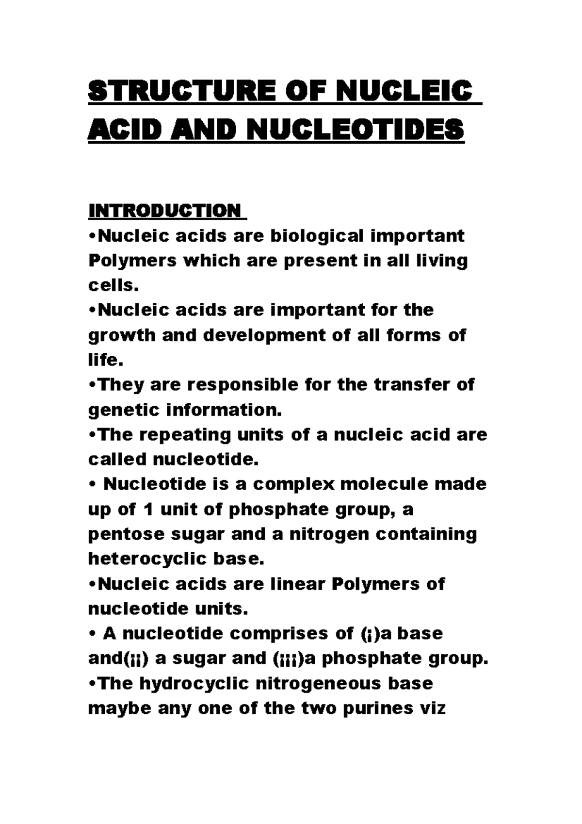 Nucleic ACID - STRUCTURE OF NUCLEIC ACID AND NUCLEOTIDES INTRODUCTION ...