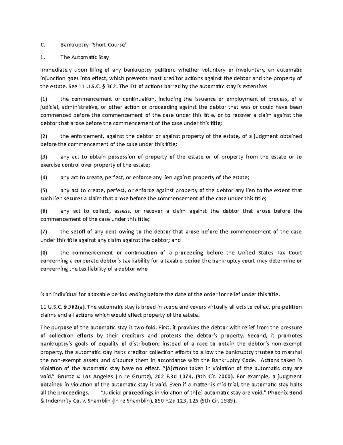 Bankruptcy short Course - C. Bankruptcy "Short Course" The Automatic ...