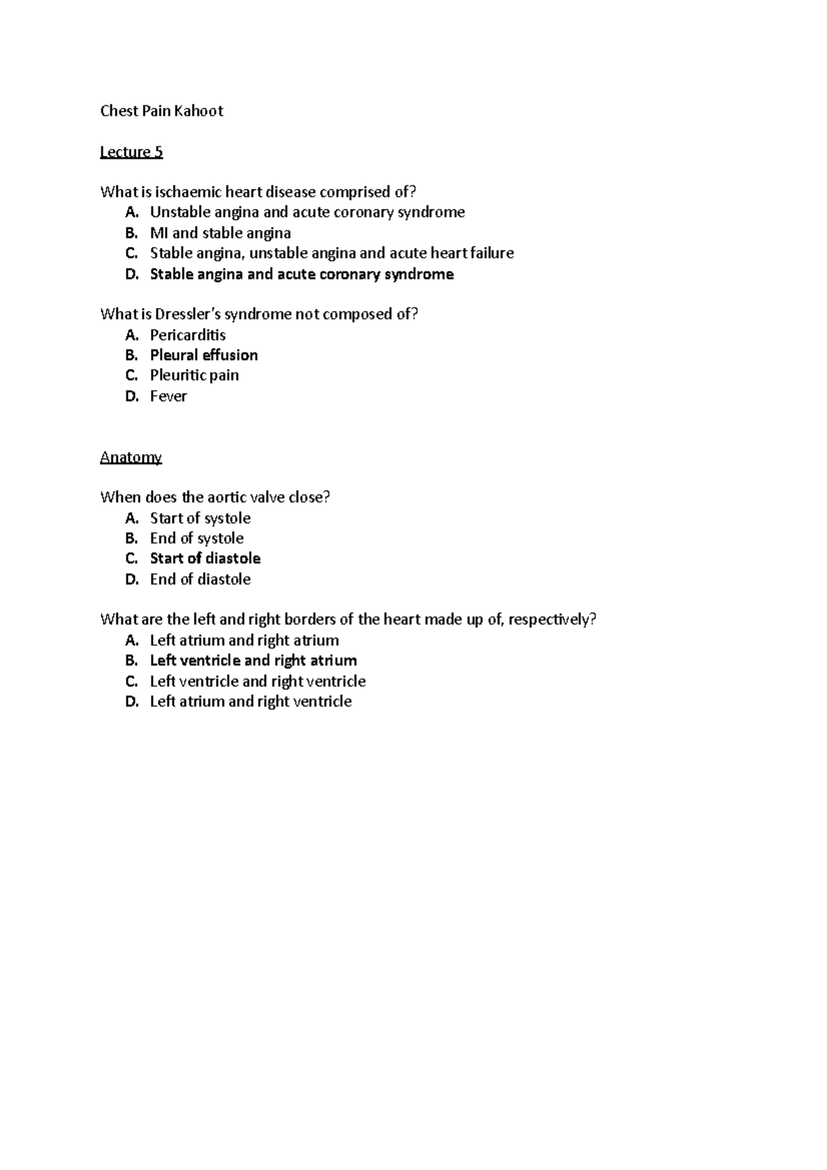 Kahoot Chest Pain - Chest Pain Kahoot Lecture 5 What is ischaemic heart ...