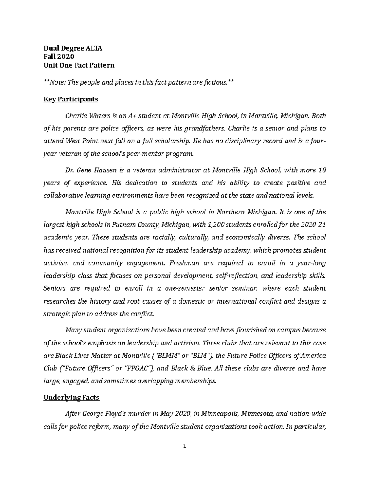 Unit One Fact Pattern Final 9 4 20 - Dual Degree ALTA Fall 2020 Unit ...