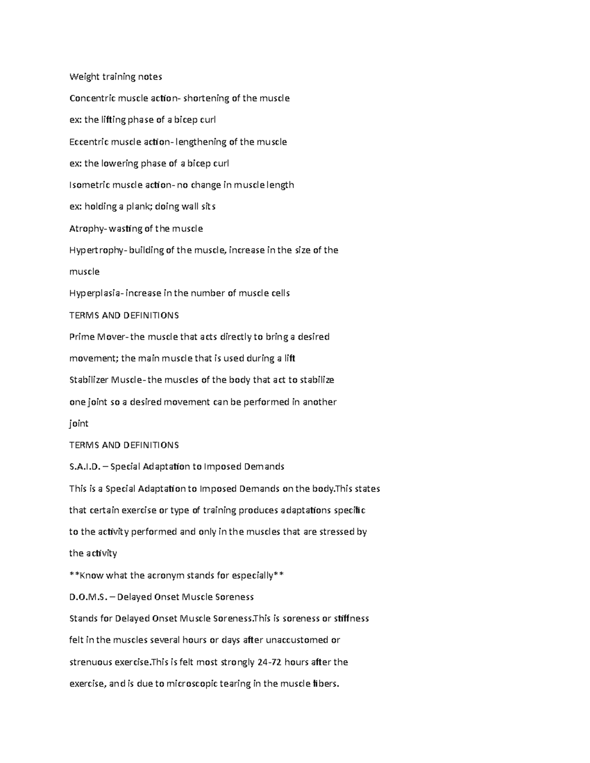 Weight training - Lecture notes - Weight training notes Concentric ...