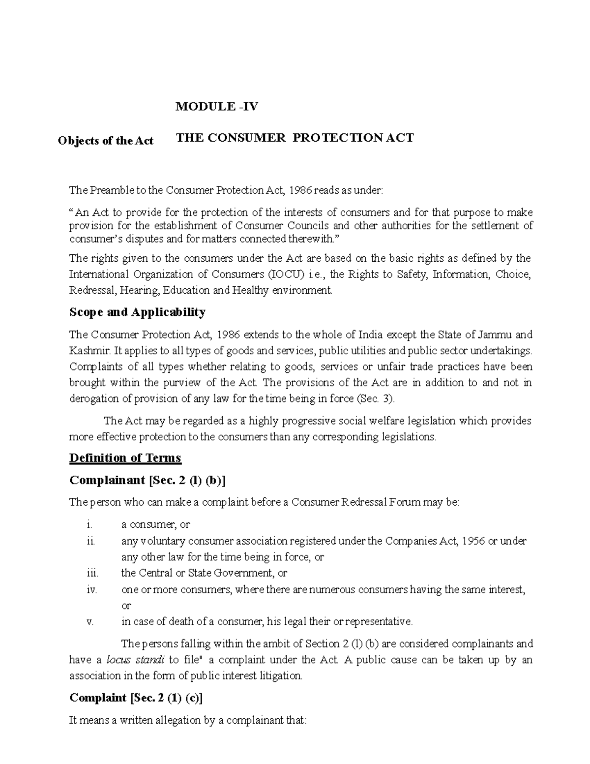 Module 4 - Its lecture notes - Objects of the Act MODULE -IV THE ...