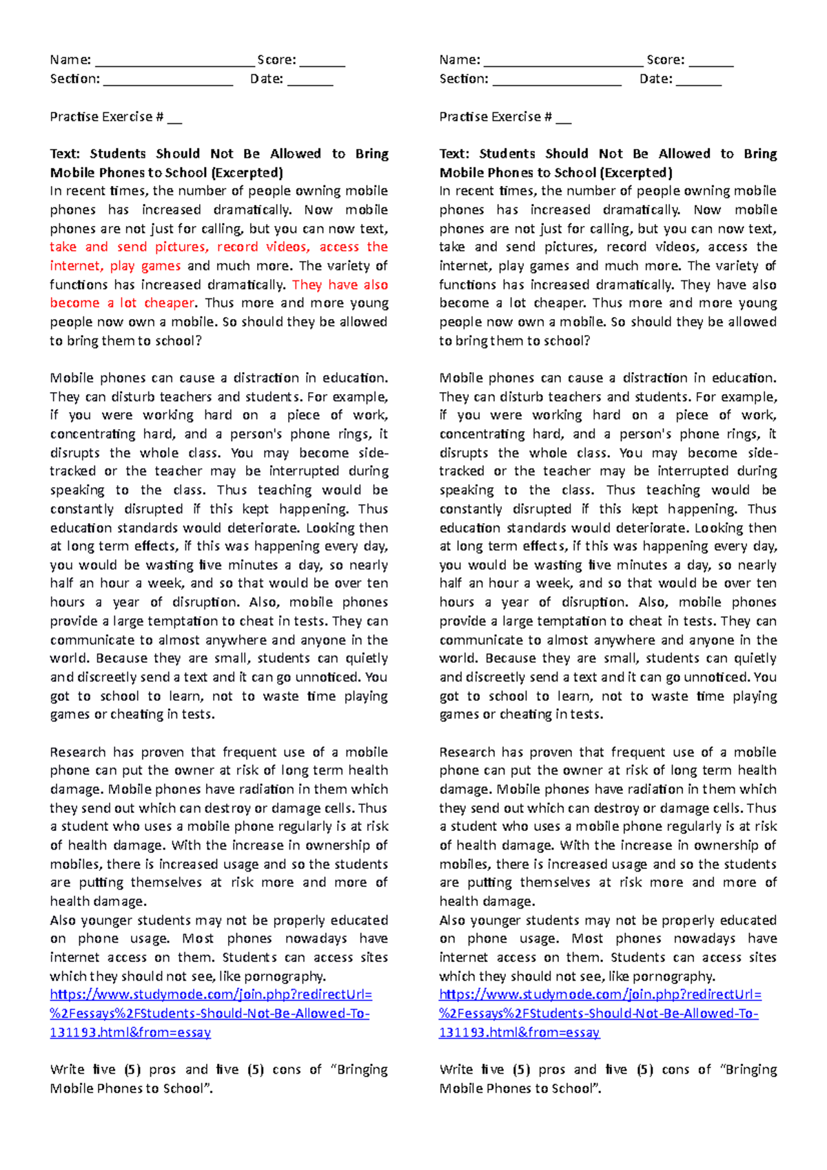 Practice Exercise 1 - Name: _____________________ Score: ______ Section: _________________ Date ...