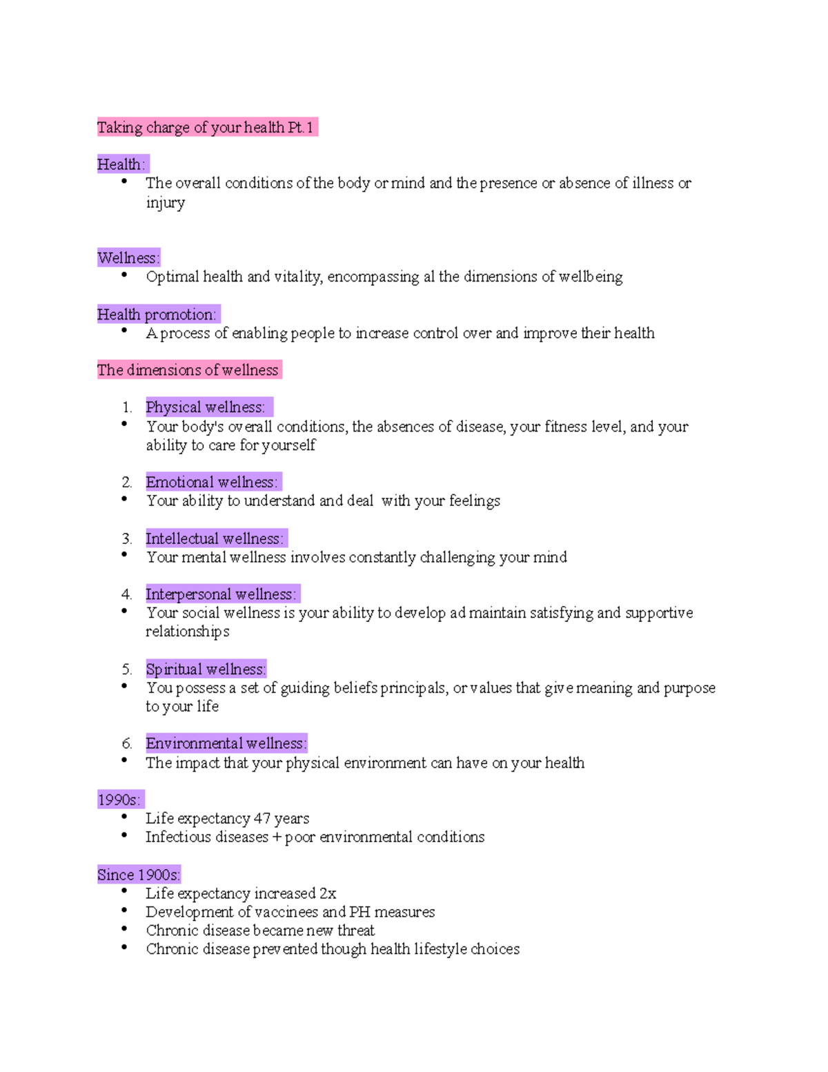 1001a lecture 1 and 2 - Taking charge of your health Pt. Health: The ...