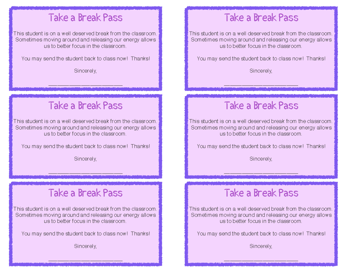 Purposeful Movment Break Pass - Take a Break Pass This student is on a ...