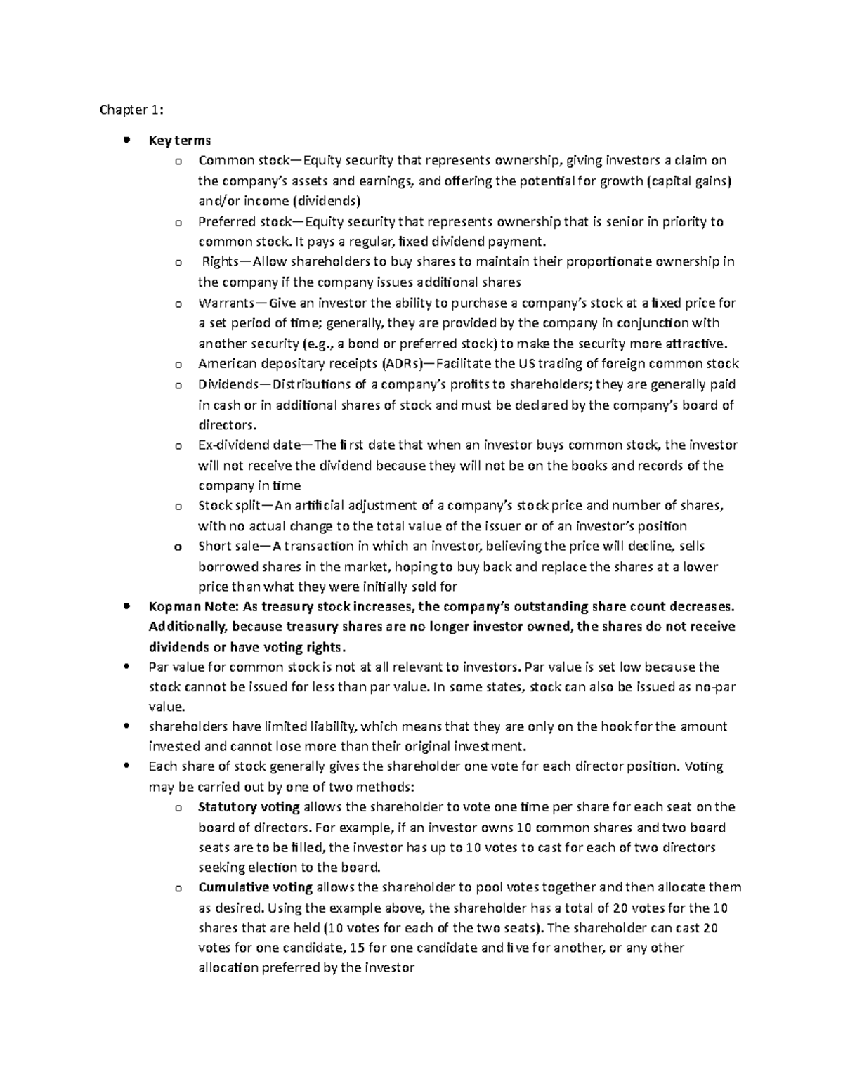 Knopman textbook - SIE - Chapter 1: Key terms o Common stock—Equity ...