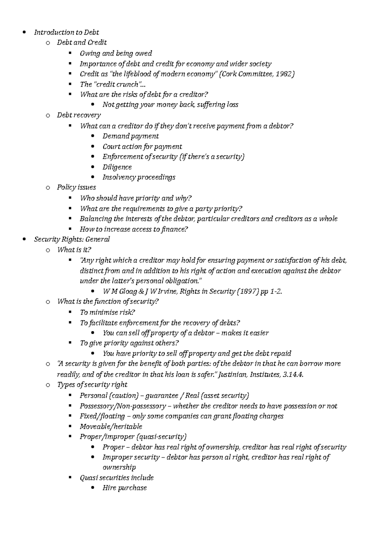 Debt Notes - Debt - Introduction to Debt o Debt and Credit Owing and ...
