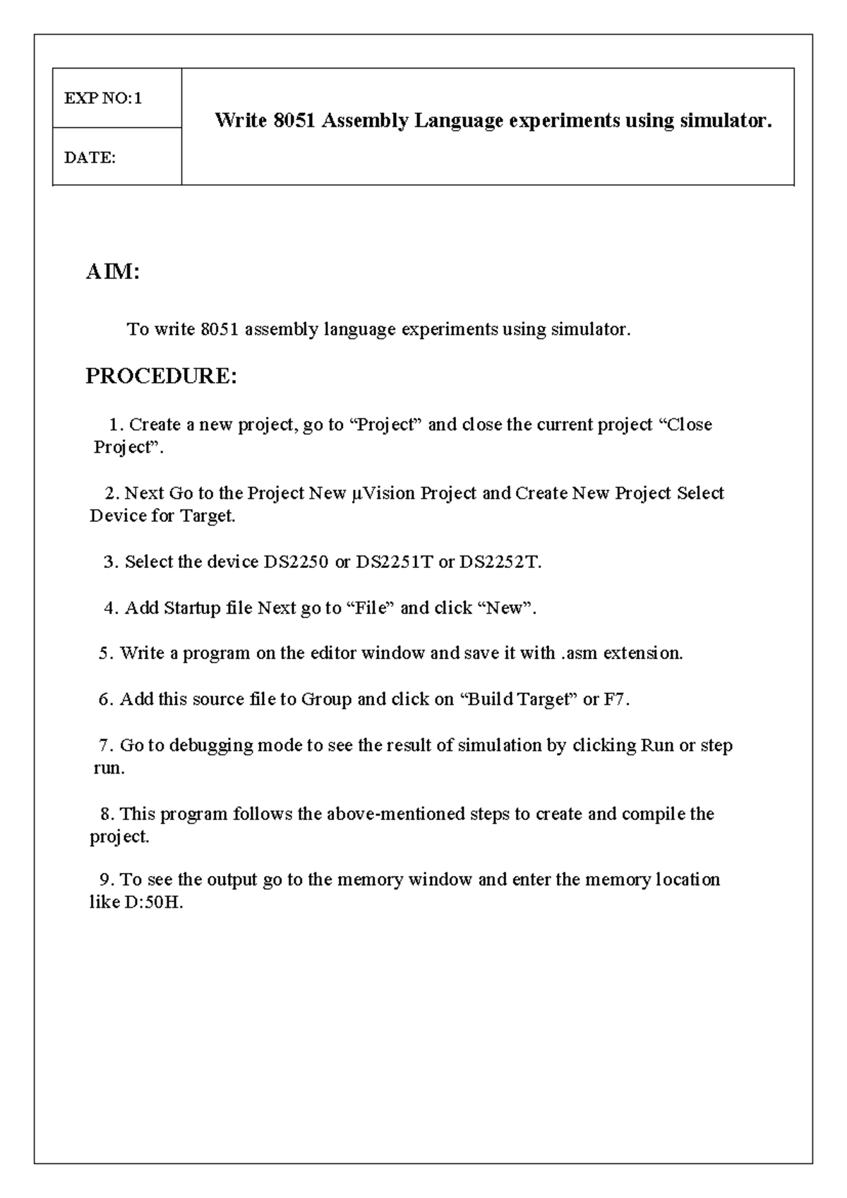 Emiot - AIM: To write 8051 assembly language experiments using ...