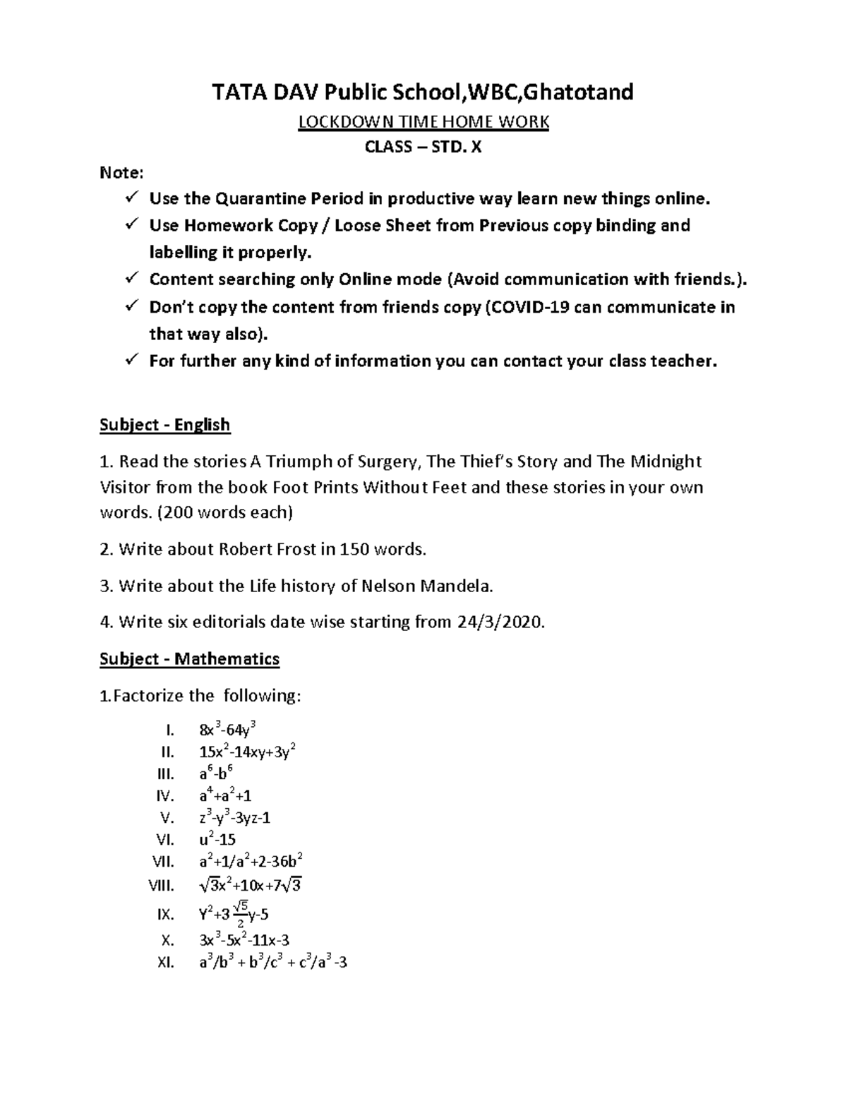 STD10 - Formula and basic of chapters of class 10 - TATA DAV Public ...