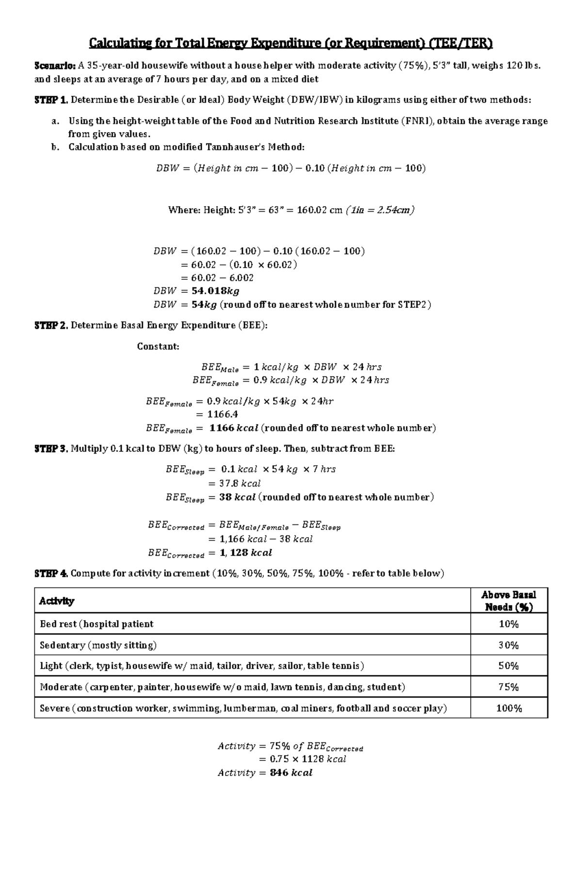 Calculating for Total Energy Expenditure - and sleeps at an average of ...