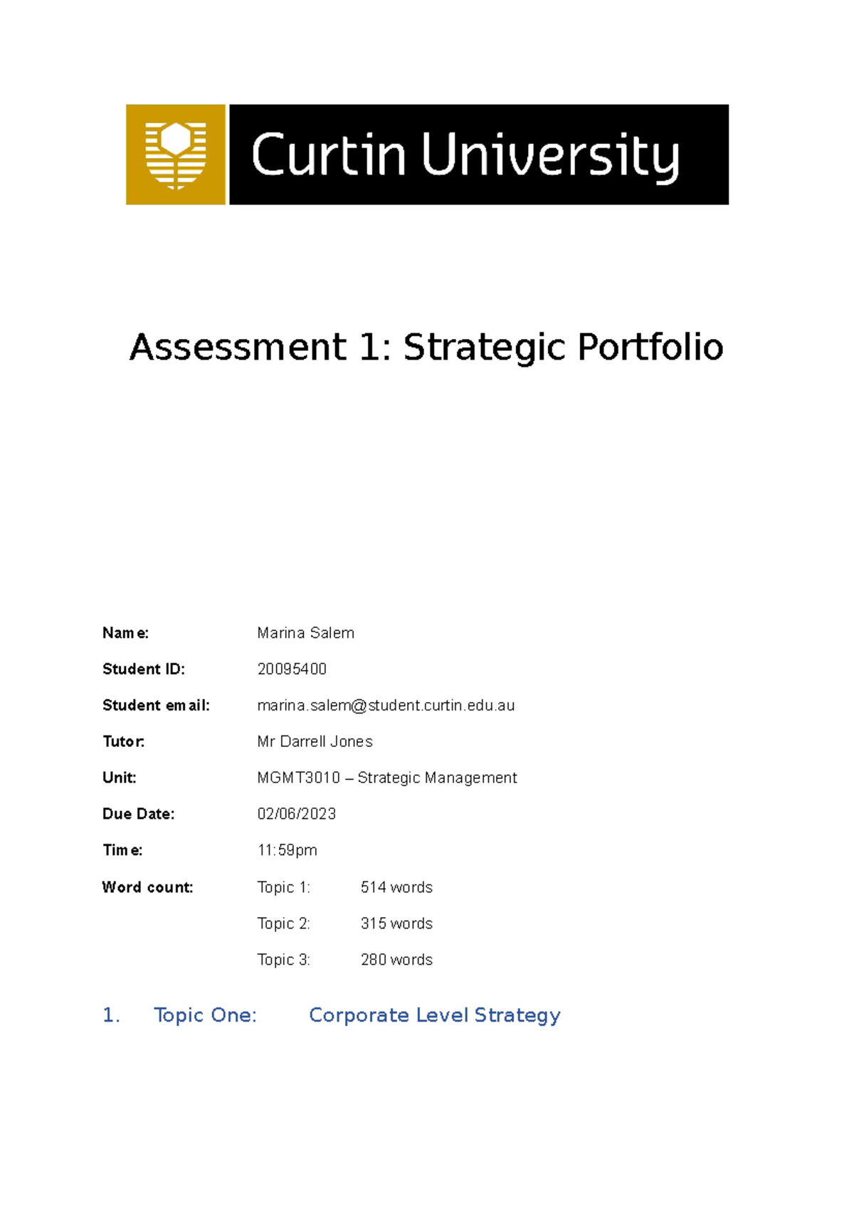 Strategic management assignment 1 - Strategic portfolio - Marina Salem ...