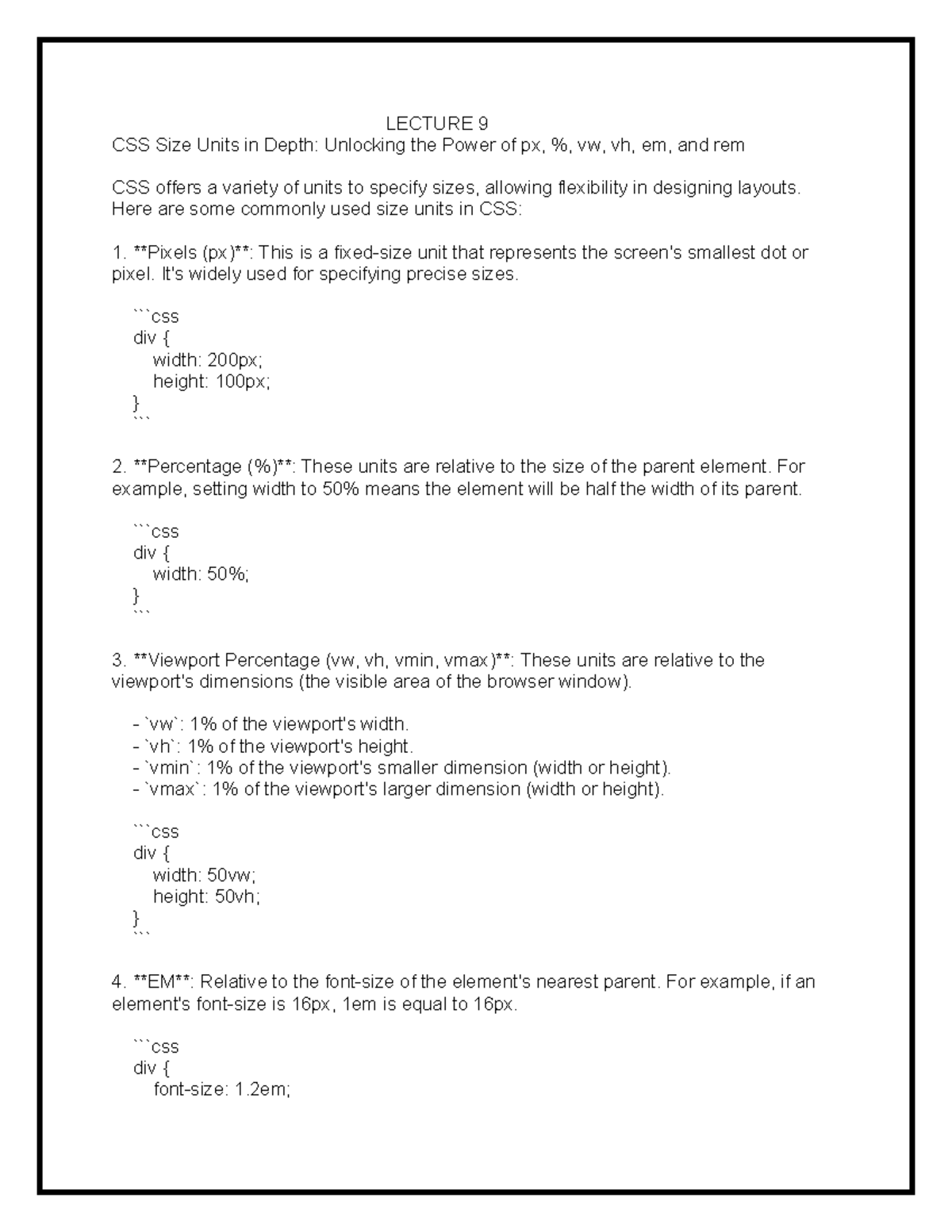 Lecture 9 It Will Give You Full Information About Web Development Lecture 9 Css Size Units
