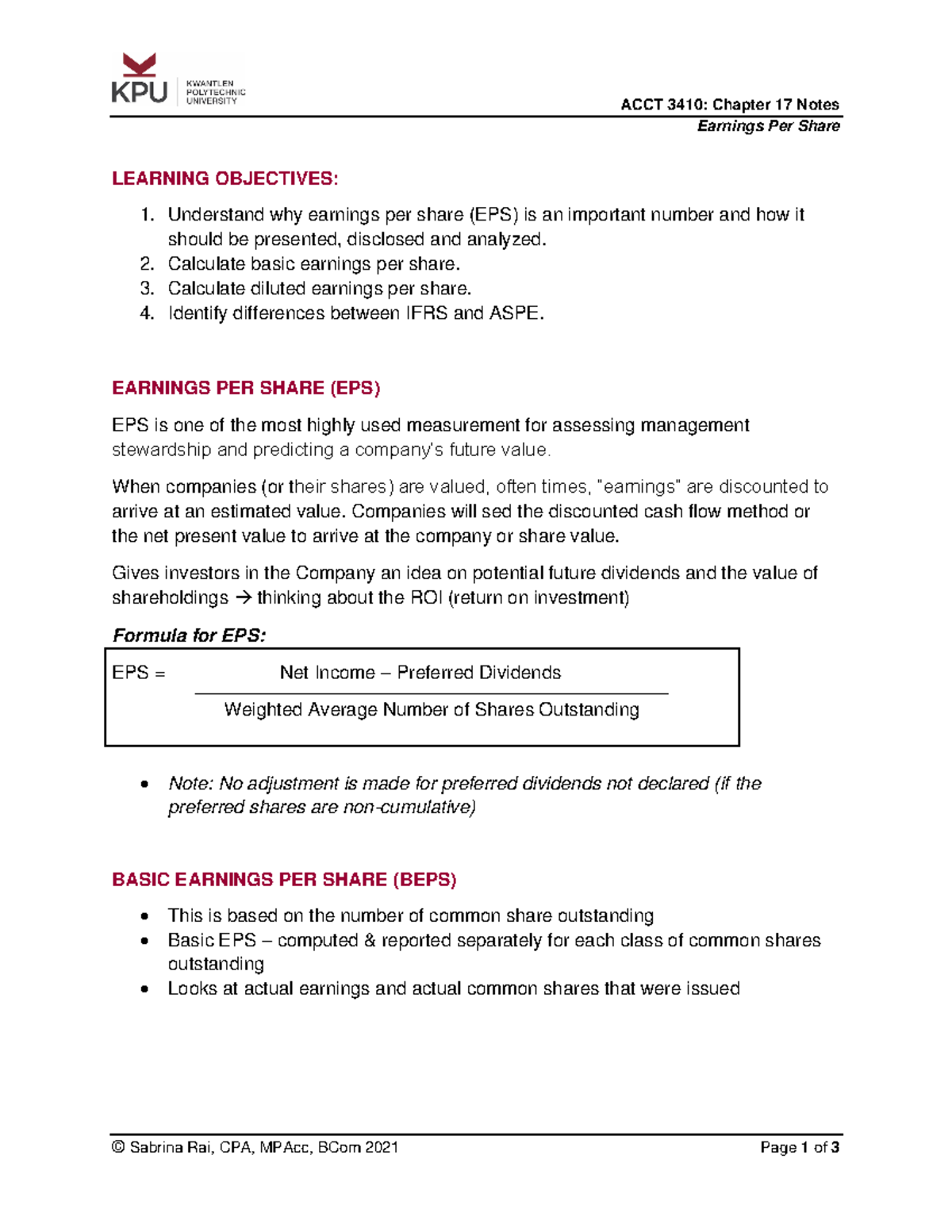 ACCT 3410 - Chapter 17 Notes - EPS - ACCT 3410: Chapter 17 Notes ...
