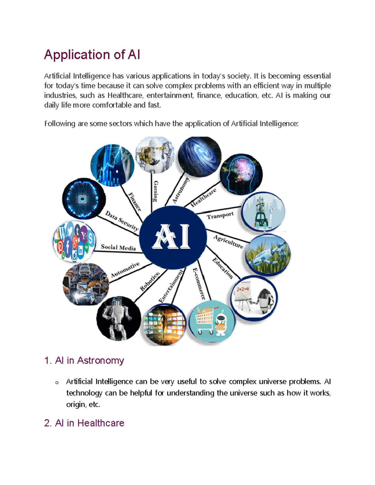 2.Introduction Part 2 - Intro to AI 2 - Application of AI Artificial ...