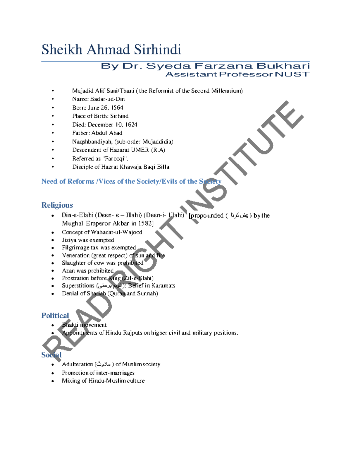 Sirhindi READ Right Institute -By Dr. Farzana - Sheikh Ahmad Sirhindi ...