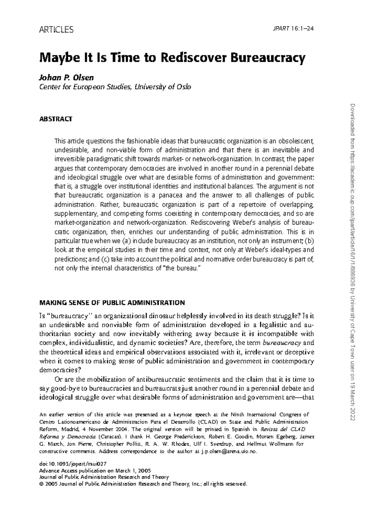 Olsen article on bureaucracy - ARTICLES Maybe It Is Time to Rediscover ...