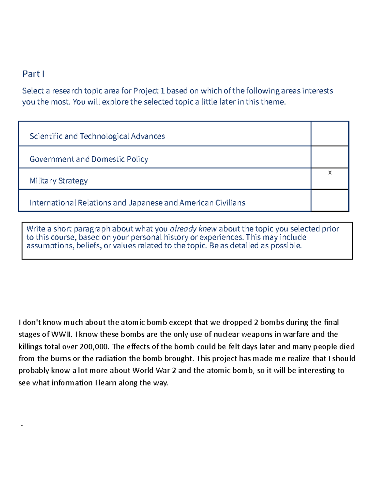 His100 topic exploration worksheet - Part I Select a research topic ...