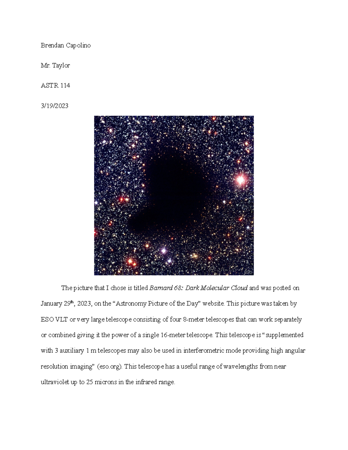 Example Astronomy APOD paper - Brendan Capolino Mr. Taylor ASTR 114 3 ...