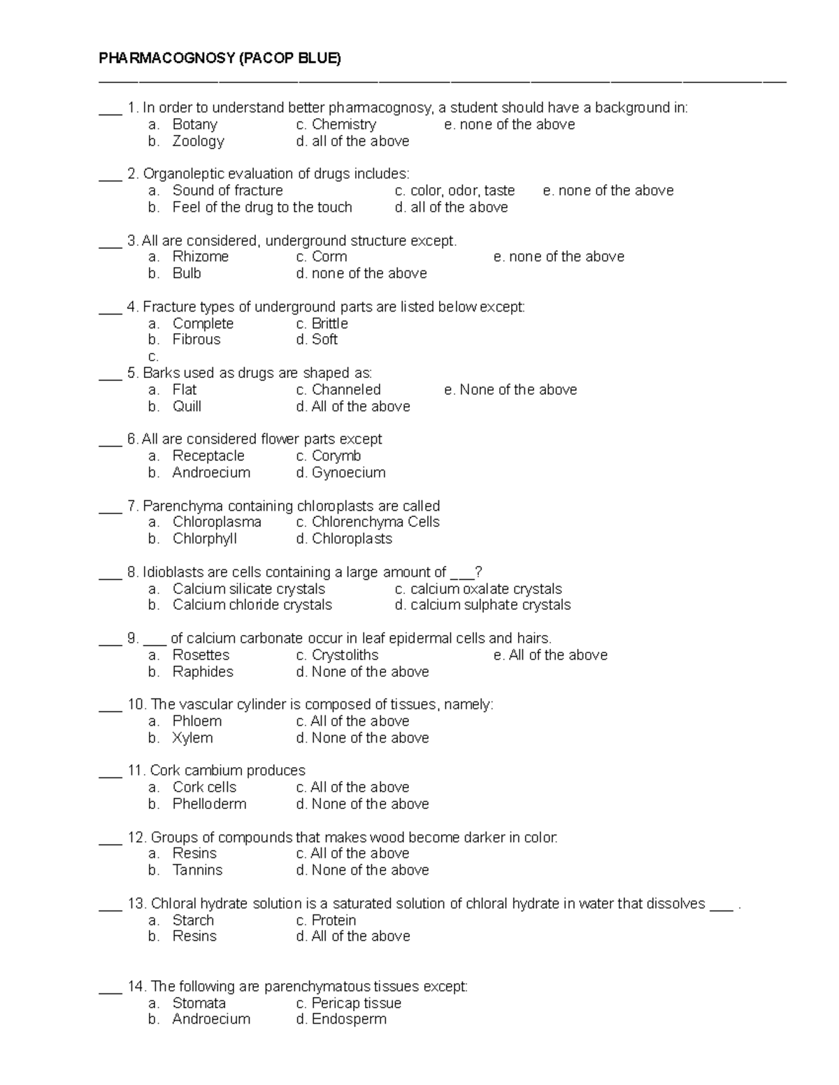 Pharmacognosy (pacop blue) questionnaire - PHARMACOGNOSY (PACOP BLUE ...