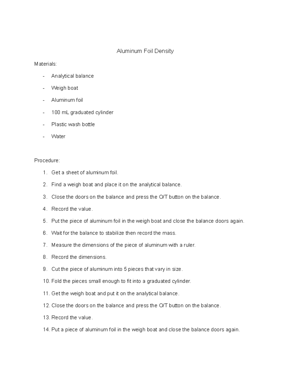 Experiment 3 che111 - Aluminum Foil Density Materials: - Analytical ...