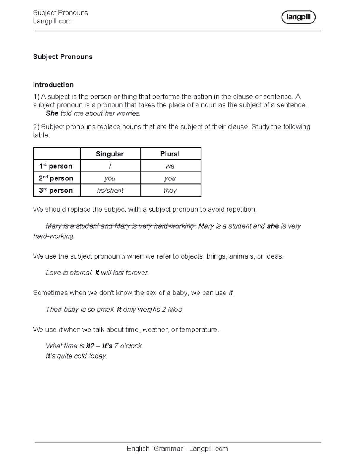 1.1 3. [Textbook] Subject pronouns - Subject Pronouns Langpill Subject ...