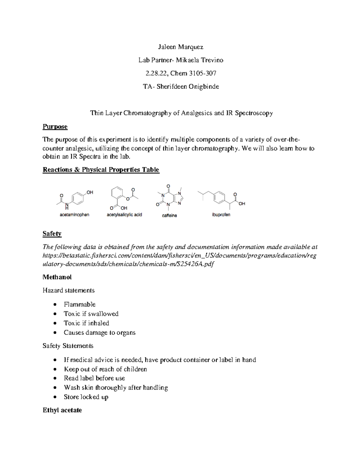 Lab 5 Experiment - just doing it - Jaleen Marquez Lab Partner- Mikaela Trevino 2.28, Chem 3105 ...