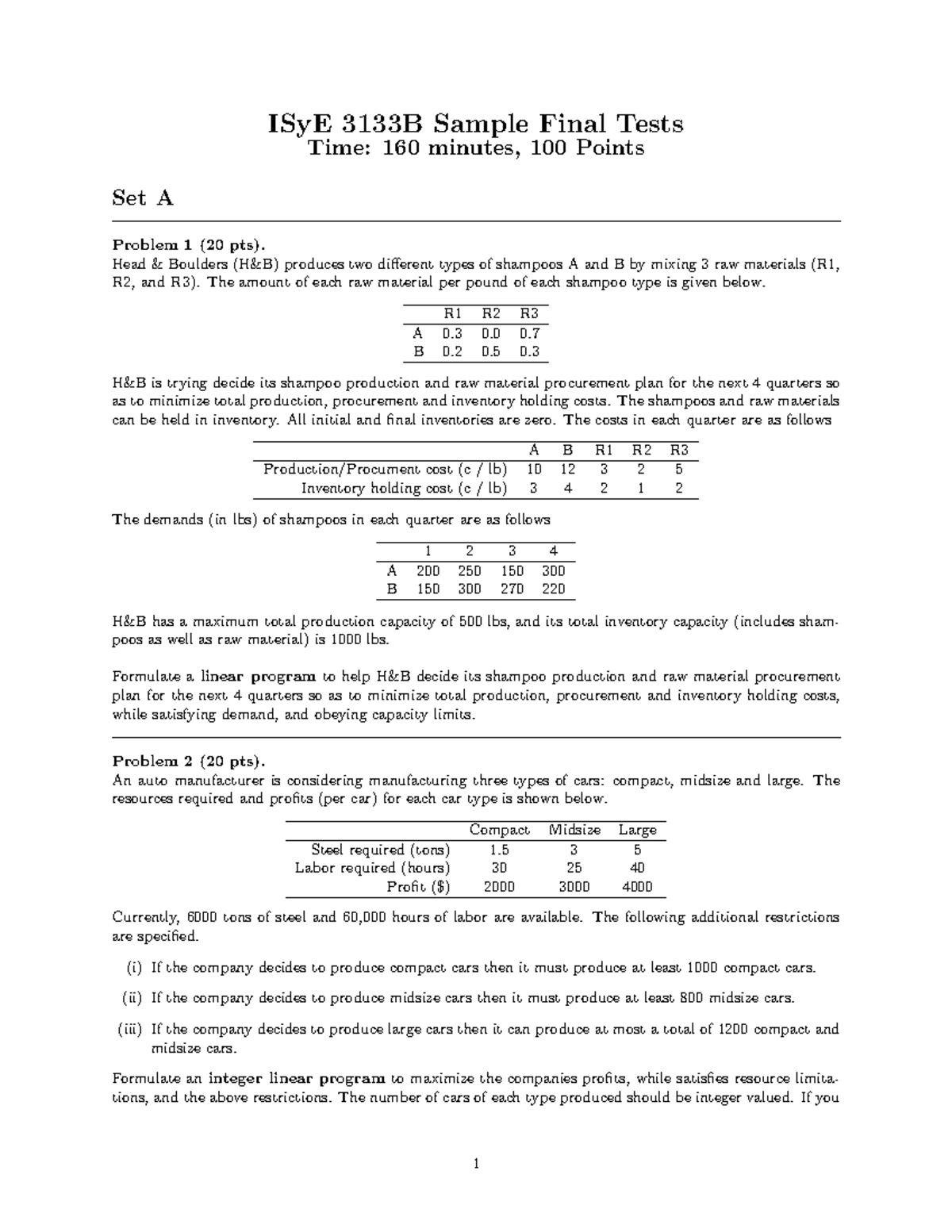 FA11 Sample Final Exams - ISyE 3133B Sample Final Tests Time: 160 ...