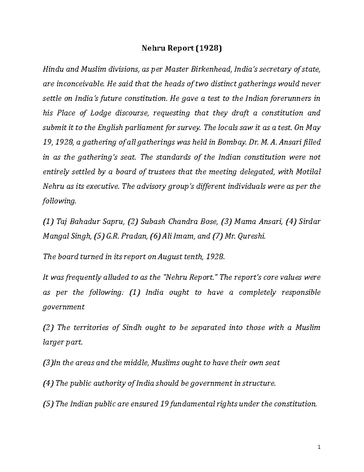 Nehru Report (1928) - Nehru Report (1928) Hindu and Muslim divisions ...