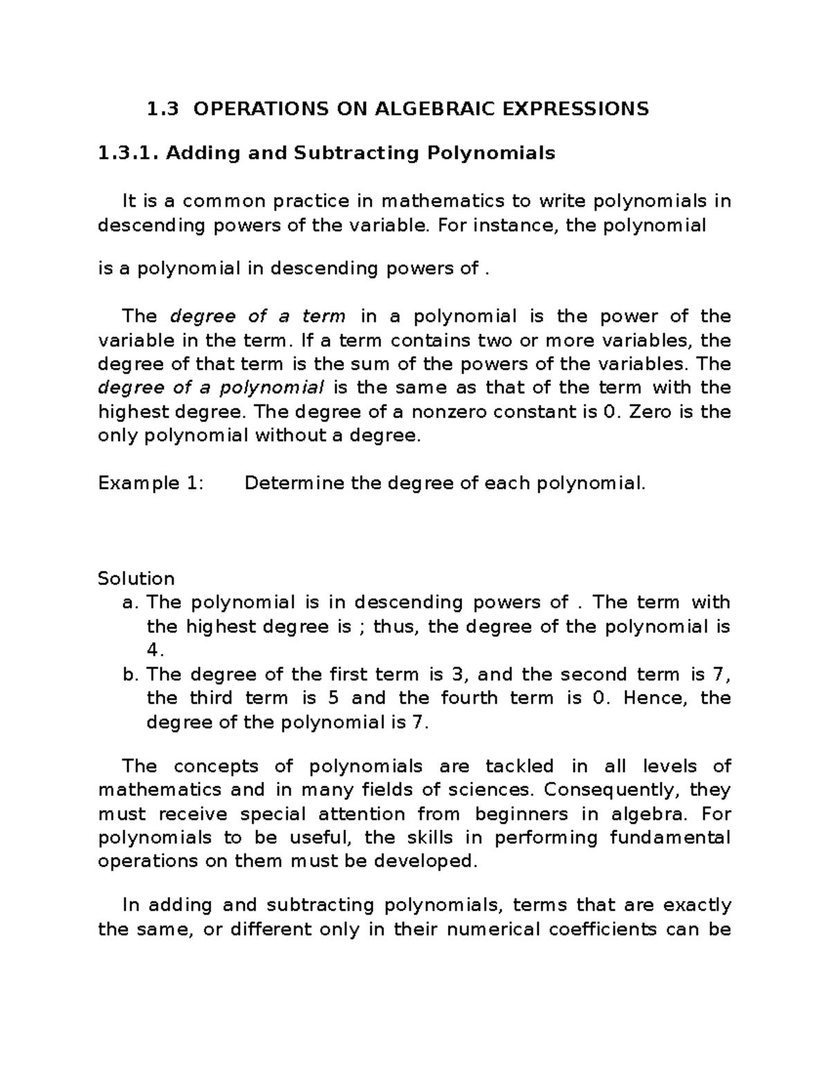MATH EN UNIT 1 - lecture notes algebra - 1 OPERATIONS ON ALGEBRAIC ...