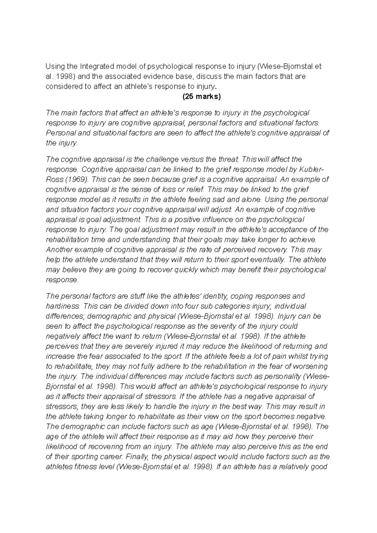 Using the Integrated model of psychological response to injury - 1998 ...