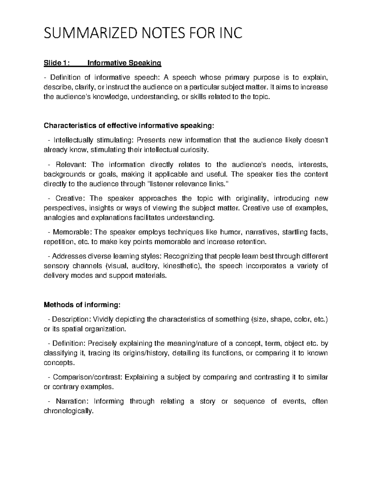 Elaborate Notes for INC - Slide 1: Informative Speaking Definition of ...