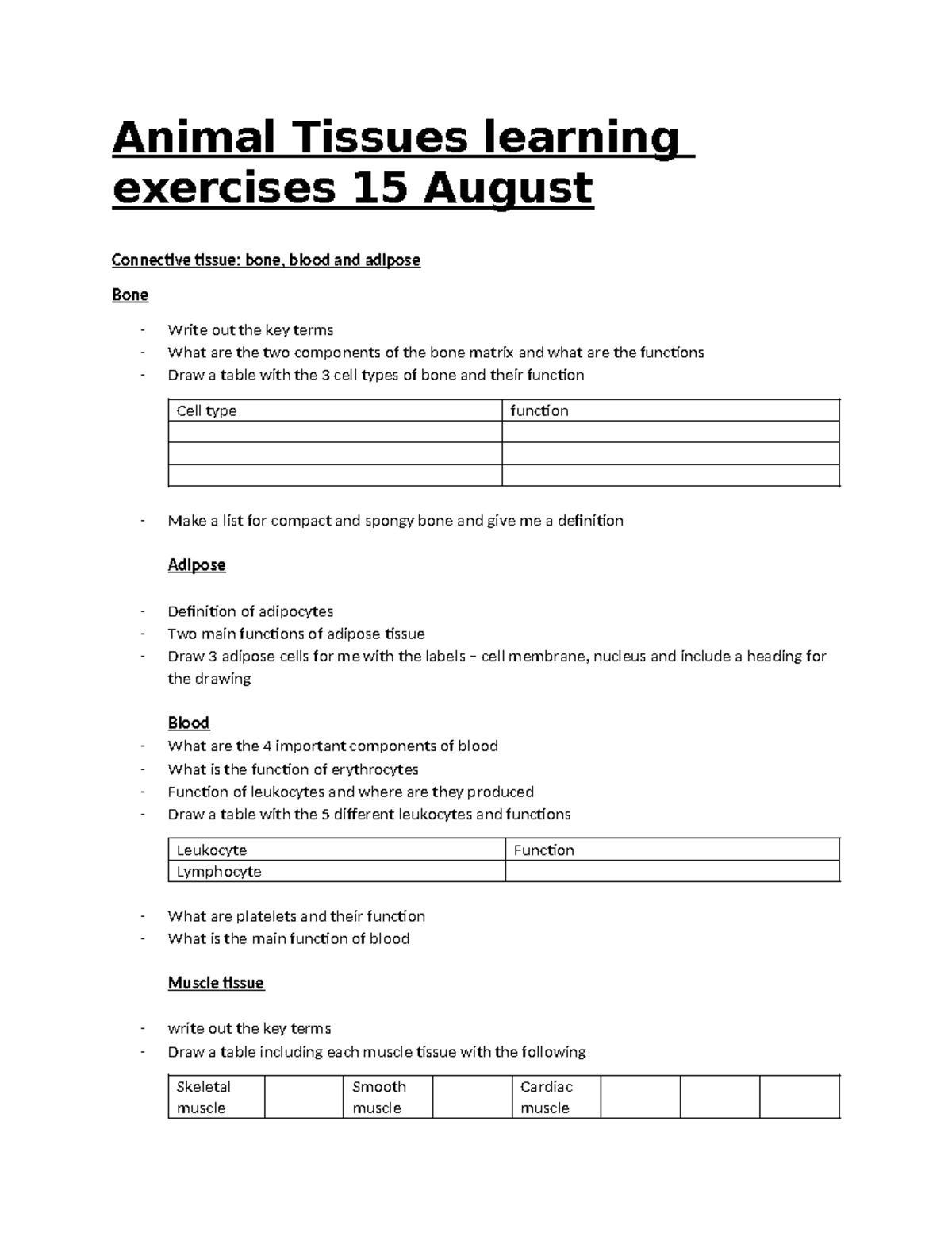Animal Tissues learning exercises 15 August - Animal Tissues learning ...