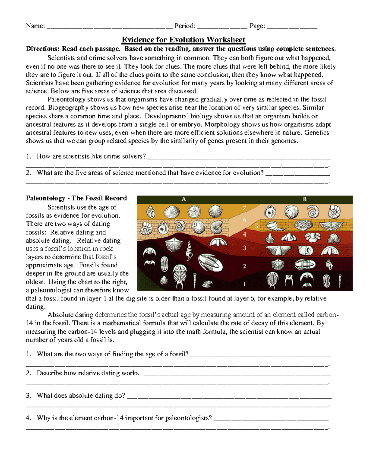 4 Evidence for evolution short worksheet with readings - Name