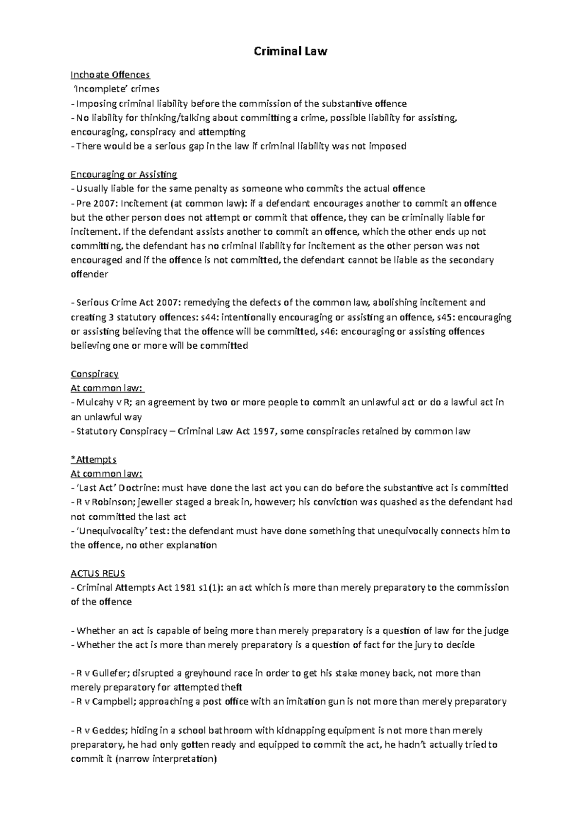 Lecture 13 + 14 - Inchoate Crime - Criminal Law Inchoate Offences ...