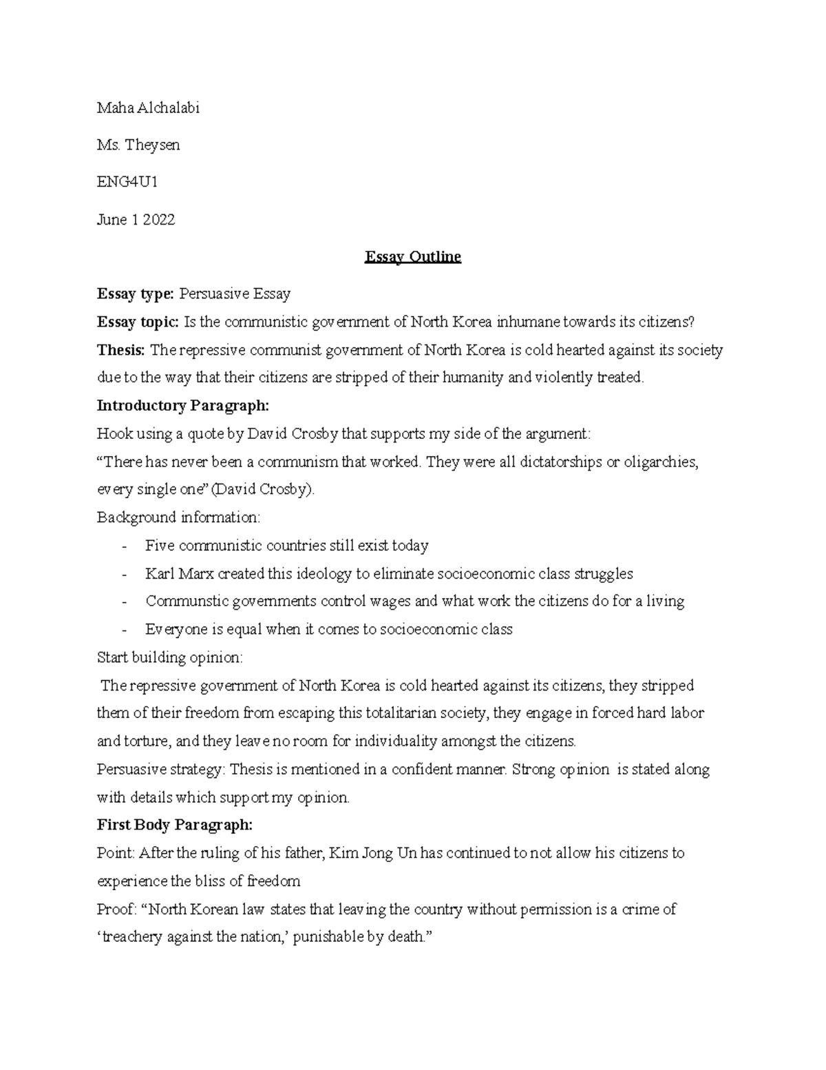 Essay Outline - Maha Alchalabi Ms. Theysen ENG4U June 1 2022 Essay ...