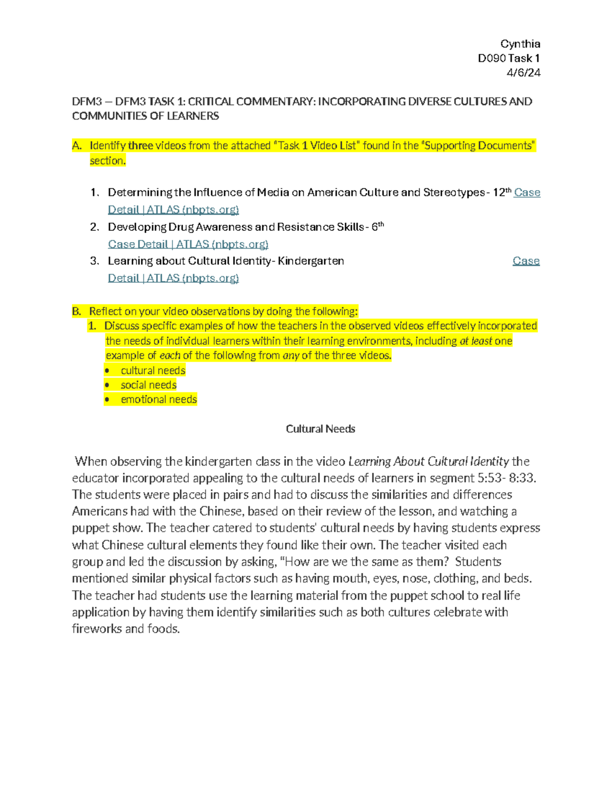 TASK 1: CRITICAL COMMENTARY: INCORPORATING DIVERSE CULTURES AND ...