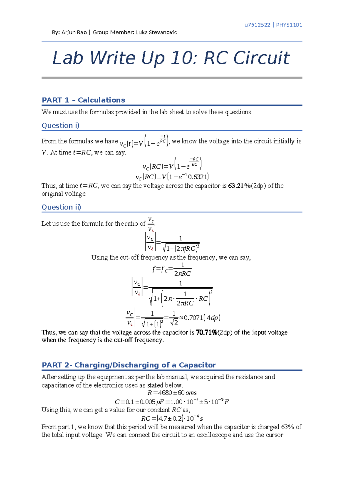 Lab Write Up 10- RC Circuits - By: Arjun Rao | Group Member: Luka Stevanovic Lab Write Up 10: RC ...