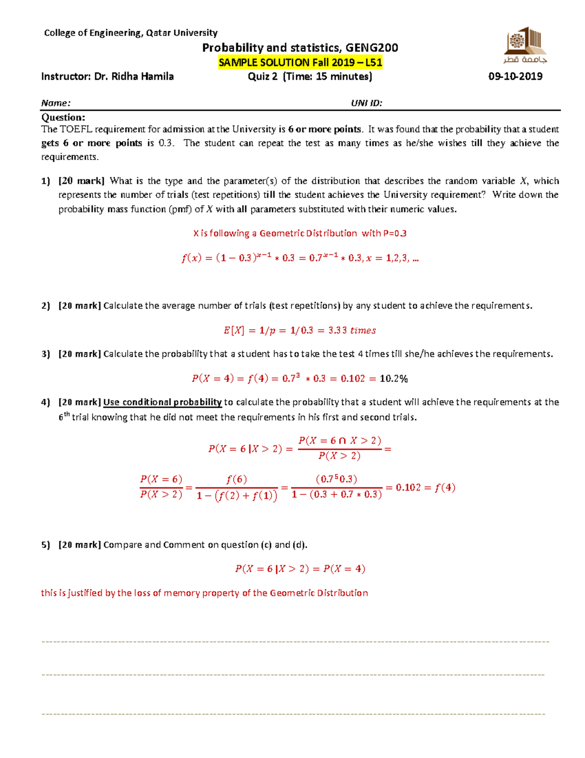 Quiz2 Solution Fall 2019 - College of Engineering, Qatar University Probability and statistics ...