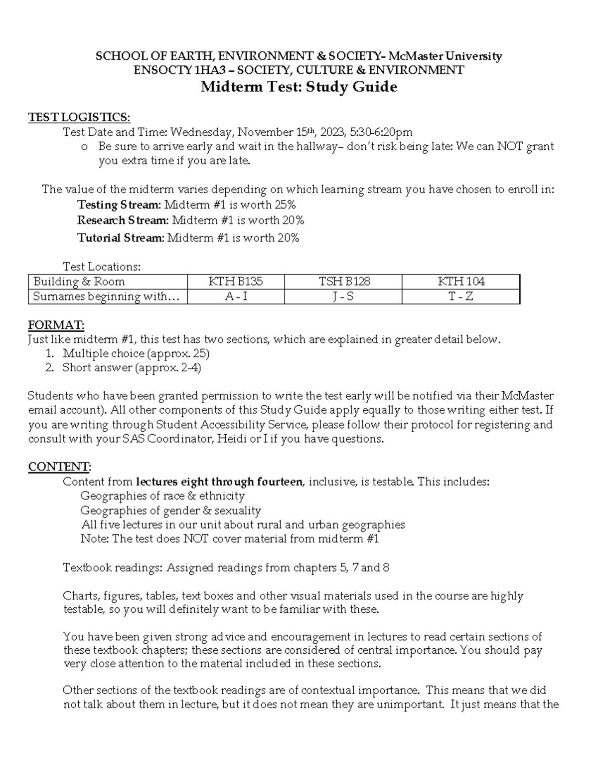 Envsocty 1HA3 - F2023 - Mid-term test 2 - Study Guide - SCHOOL OF EARTH ...