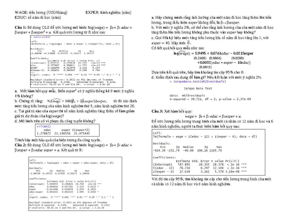Baitap C 6 - bt6 - WAGE: tiền lương (USD/tháng) EXPER: kinh nghiệm (năm) EDUC: số năm đi học ...