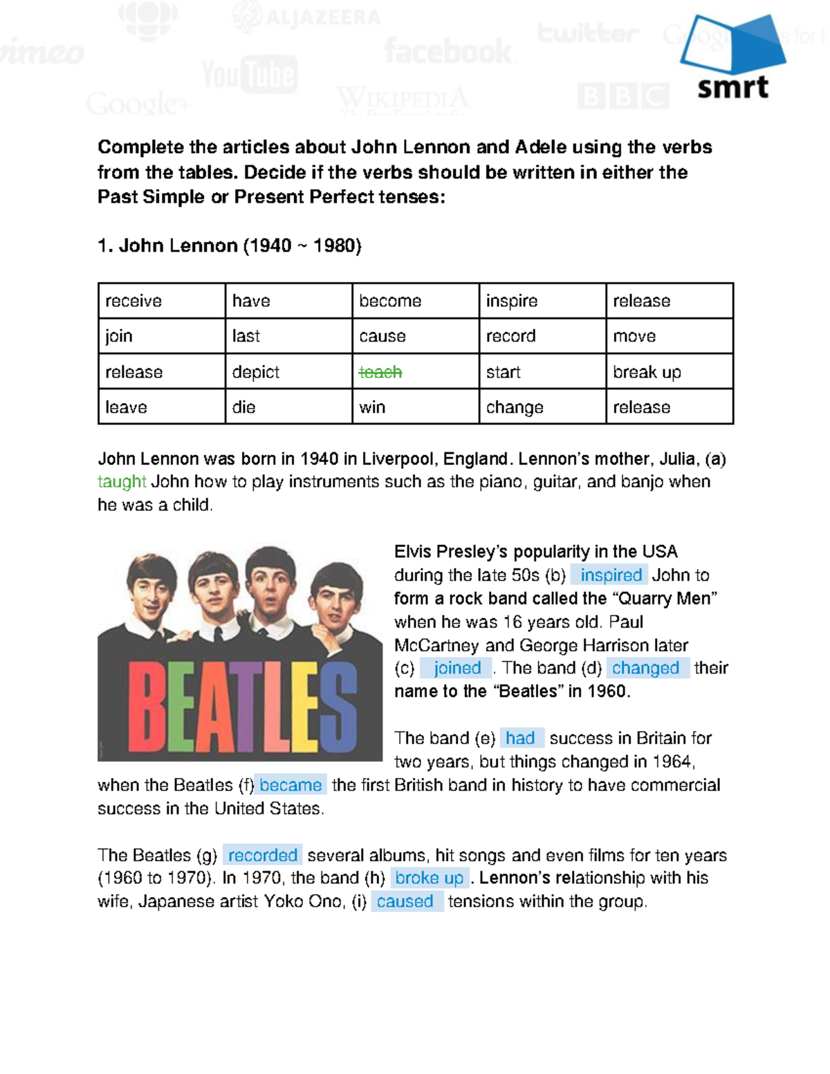 ENGL120 Reading 7-1 Two Songwriters - Complete the articles about John ...