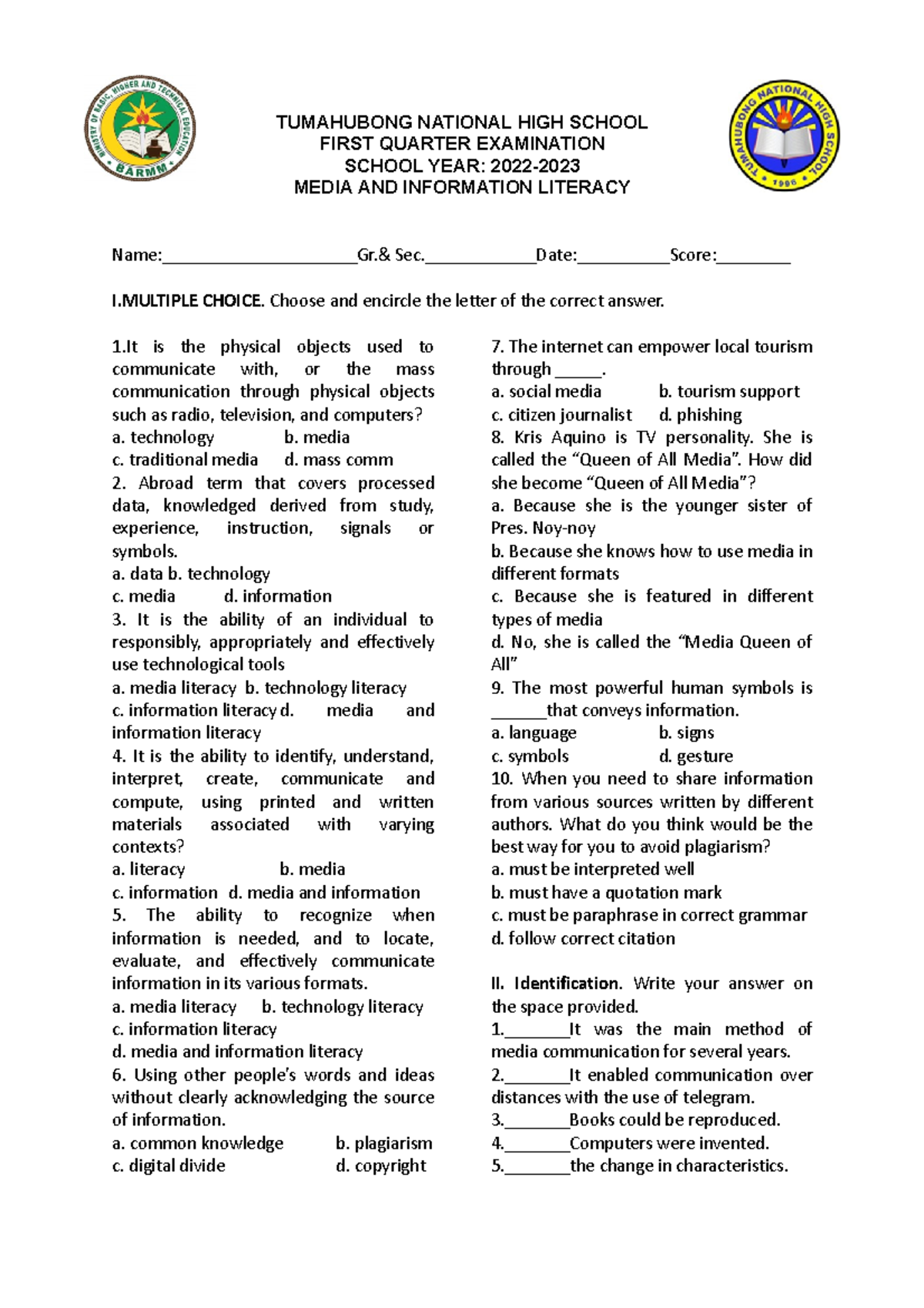 First Quarter EXAM MIL - SAMPLE EXAM - TUMAHUBONG NATIONAL HIGH SCHOOL ...